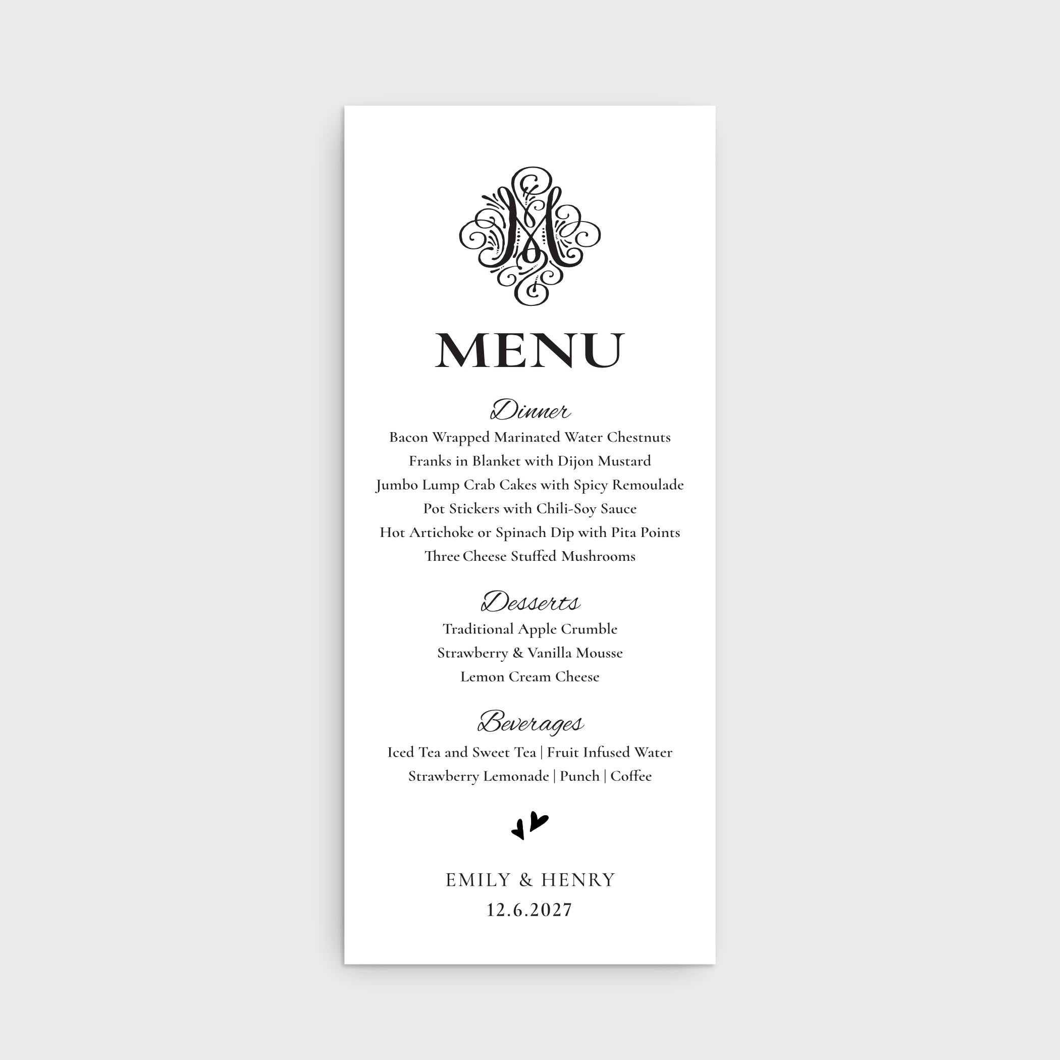 Monogram Menu Cards – White & Kraft
